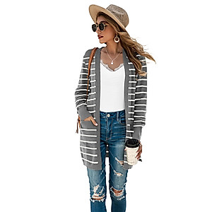 TASAMO Womens Color Block Striped Draped Kimono Cardigan Long Sleeve Open Front Casual Knit Sweaters Coat Soft Outwear