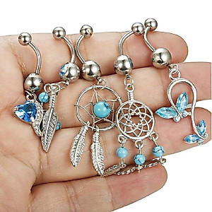 XIGUA MELON 5Pcs Female Button Navel Ring, 316L Medical Steel Body Piercing Dream Catcher Belly Button Set