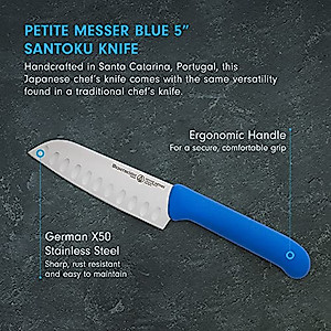 Messermeister Petite Messer 5” Kullenschliff Santoku Knife, Blue - German 1.4116 Stainless Steel & Ergonomic Handle - Lightweight, Rust Resistant & Easy to Maintain