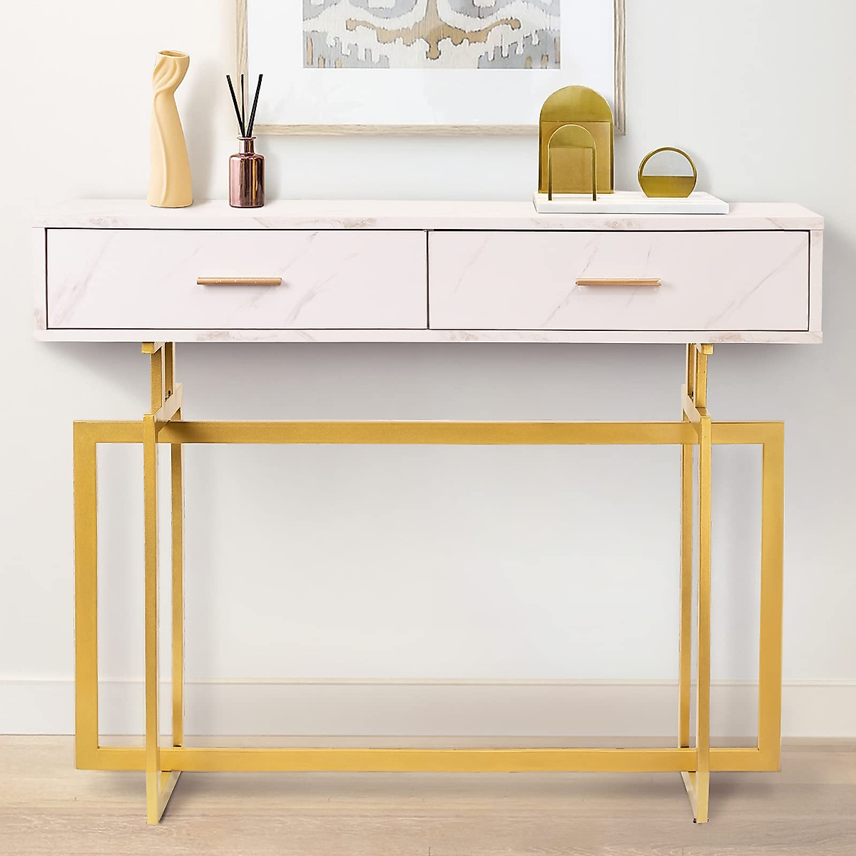 3imothrix Console Table with 2 Drawers, 39.37" Narrow Entryway Table Sofa Table for Hallway, Entrance Hall, Foyer, Corridor, Living Room, Faux Marble, Gold Base