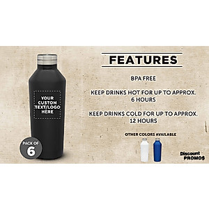 DISCOUNT PROMOS Custom Stainless Steel Water Bottles 17 oz. Set of 6, Personalized Bulk Pack - Double Wall, Perfect for Coffee, Soda, Other Hot & Cold Beverages - Black