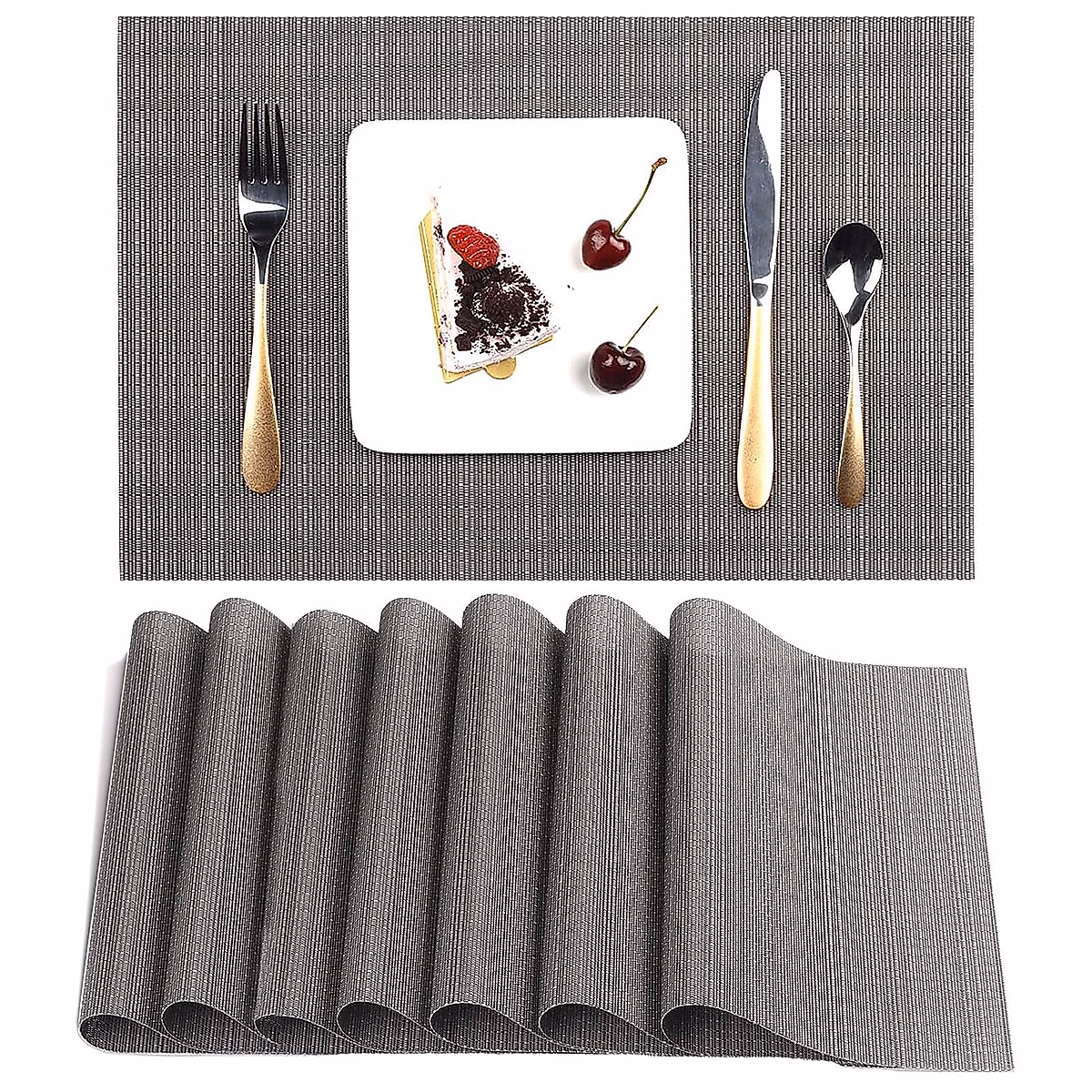 Myir JUN Place Mats, Table Mats Set of 8 Indoor Placemats Washable Non-Slip Heatproof Woven Placemats for Dining Table Fabric Place Mat PVC (Dark Gray, Set of 8)