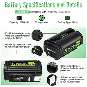 HUSUE 40V 6.0Ah Replacement Battery for Ryobi 40V Battery, Li-ion Battery Compatible with Ryobi 40V OP4015 OP40201 OP40261 OP40301 OP40401 OP40601 OP4026 OP4060 OP4026A Cordless Power Tools Battery