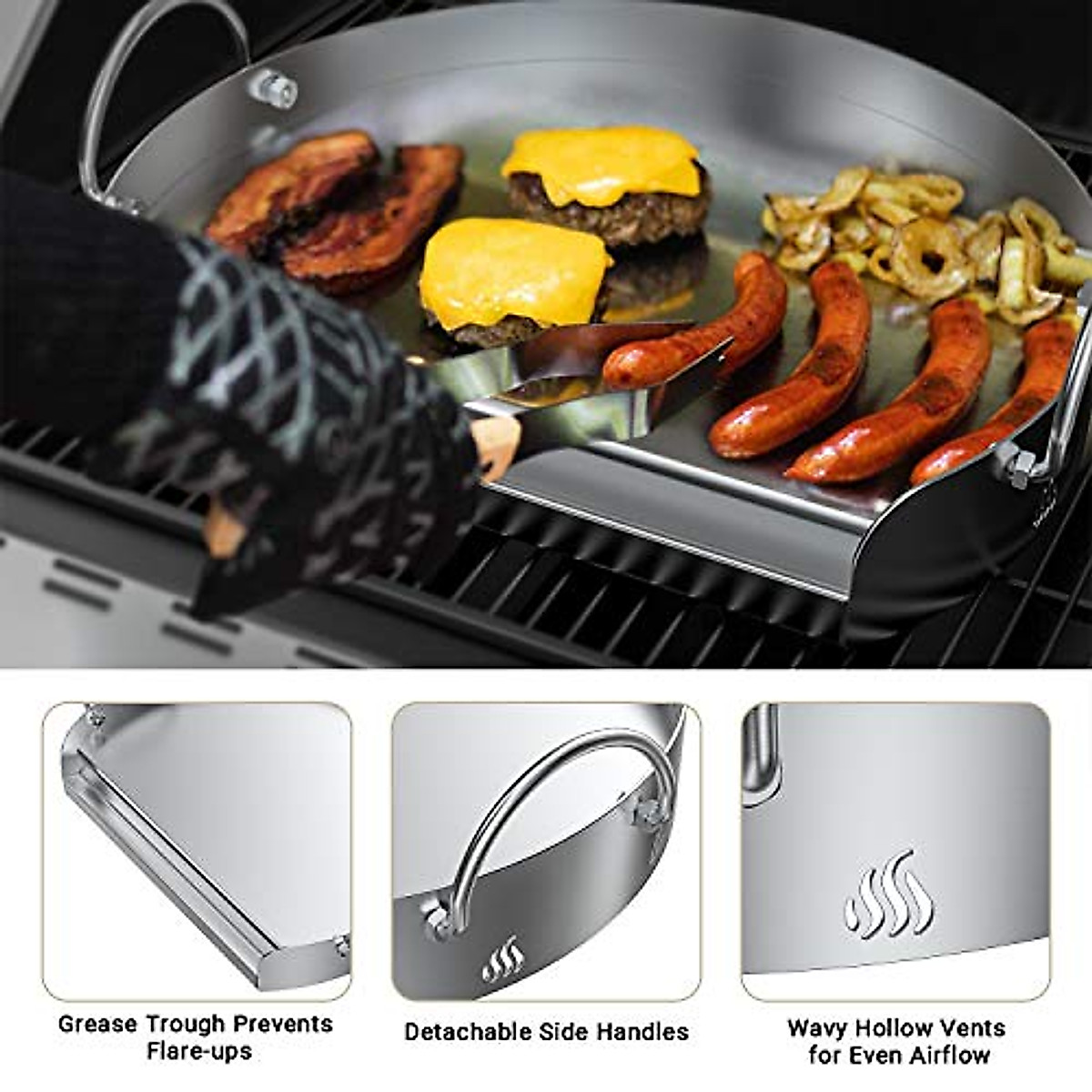 Onlyfire Universal Stainless Steel Griddle Pan Grilling Tool for Charcoal Kettle Grill, Ceramic Grills and Most Gas Grills, 18-inch