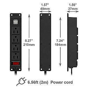 Mountable Power Strip with USB Ports,Wall Mount Power Outlets Screw Down Power Socket in Desk Under Cabinet Power Station 4AC Outlet 2 USB 6.56 Feet Extension Cord, On&Off Switch