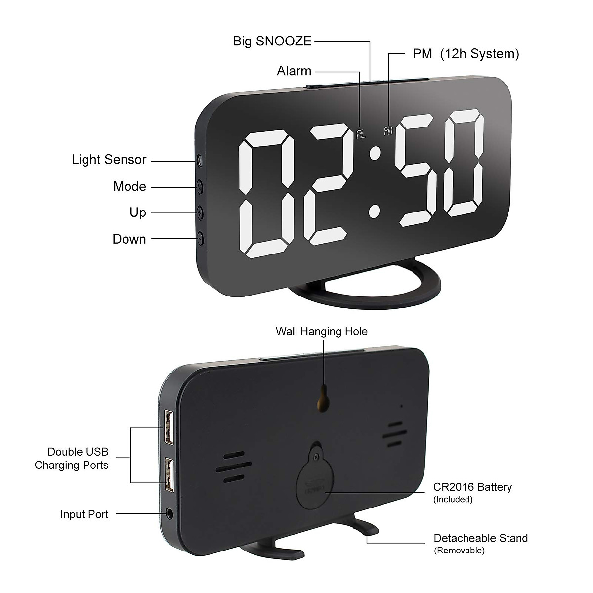 Lamisola Digital Alarm Clock, Large LED Mirror Display,2 USB Charging Ports,Auto Adjustable Brightness,Aesthetic Modern Clocks for Bedroom Living Room Office,Black
