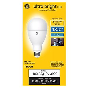 GE Lighting GE Ultra Bright LED 3-Way Light Bulb, 75/150/250 watt Equivalent, Daylight, 1100/2310/3900 lumens, exceptionally Bright LED A23, Frost Finish, ultrabright LED