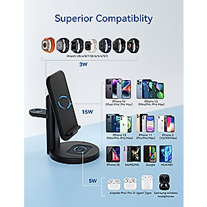 ELEGRP Wireless Charging Station, 3 in 1 Wireless Charger, Charging Dock for iPhone 14/13/12/11/Pro/Max and SE/8 Samsung Phone, iWatch and Airpods/Samsung Headphone (with 18w Adapter) Black