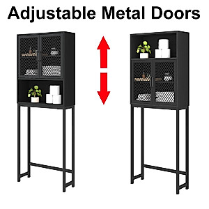 Launica Bathroom Organizer Over Toilet, Wood Metal Bathroom Over The Toilet Storage, Industrial Bathroom Space Saver Shelf Over Toilet, Freestanding Bathroom Cabinet Above Toilet wtih Rack, Black Oak