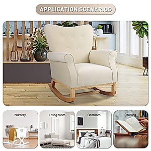 Rophefx Rocking Chairs for Baby Nursery Velvet Glider Rocker with Solid Wood Base Nursery Rocker with High Backrest, Beige