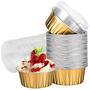 Disposable Ramekins with Lids, 25 Pack/ 5 oz Gold Aluminum Foil Dessert Baking Cups, Reusable Cupcake Liners Pudding Cups for Wedding, Christmas, Kitchen, Party, Various Holiday Parties