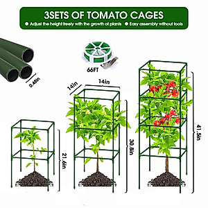 Hoyejyou 3 Pack Tomato Cages for Garden, 41.5 x 14 x 14 Inches Square Tomato Plant Support Pole, Heavy Duty Steel Plant Tower Stakes, Garden Cucumber Trellis for Climbing Vegetables Flowers Fruits