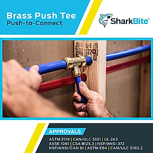 SharkBite 3/4 Inch Tee, Push to Connect Brass Plumbing Fitting, PEX Pipe, Copper, CPVC, PE-RT, HDPE, U370LFA
