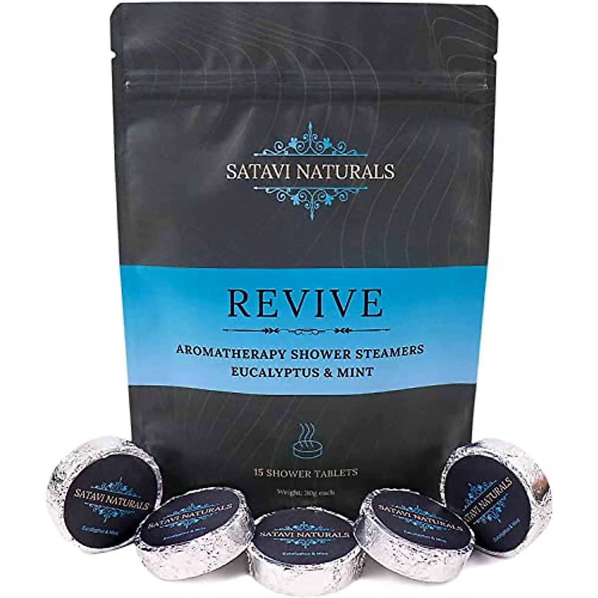 Satavi Naturals Eucalyptus & Mint Shower Steamers, Aromatherapy for Women & Men, Shower Bombs, Natural Essential Oils, Vapor Tabs for a Relaxing Spa Like Experience - 30g Tablets (15 Pack)