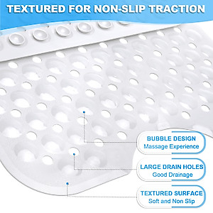 Linoows Bathtub and Shower Mats, Extra Long Non Slip Bath Mat 40 x 16 Inch, Bath Tub Mat with Suction Cups and Drain Holes for Bathroom, Machine Washable Soft Shower Floor Mat, White