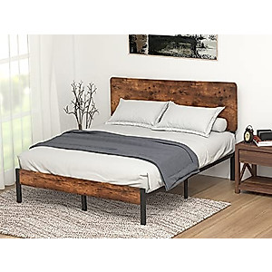 Allewie Full Size Platform Bed Frame with Wood headboard and Metal Slats/Rustic Country Style Mattress Foundation/Box Spring Optional/Strong Metal Slats Support/Easy Assembly