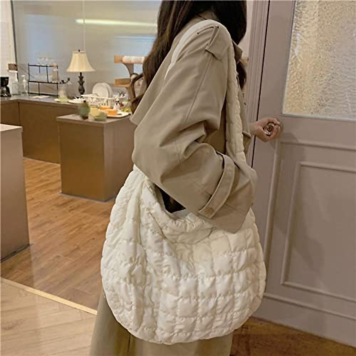 MadGrandeur Women's Puffer Bag Solid Color Padded Tote Bag Quilted Puffy Crossbody Bag Large Aesthetic Pleated Underarm Shoulder Bag (White)