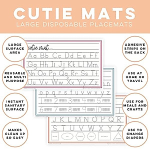 Ryan & Rose Cutie Mats Disposable Placemats For Baby, Toddlers & Kids Extra Coverage (13" X 21") 30 Pack (3 Designs) Stick To Table Easy Clean Up For Food & Toys Dry Erase Tracing Writing (EDU Tracer)