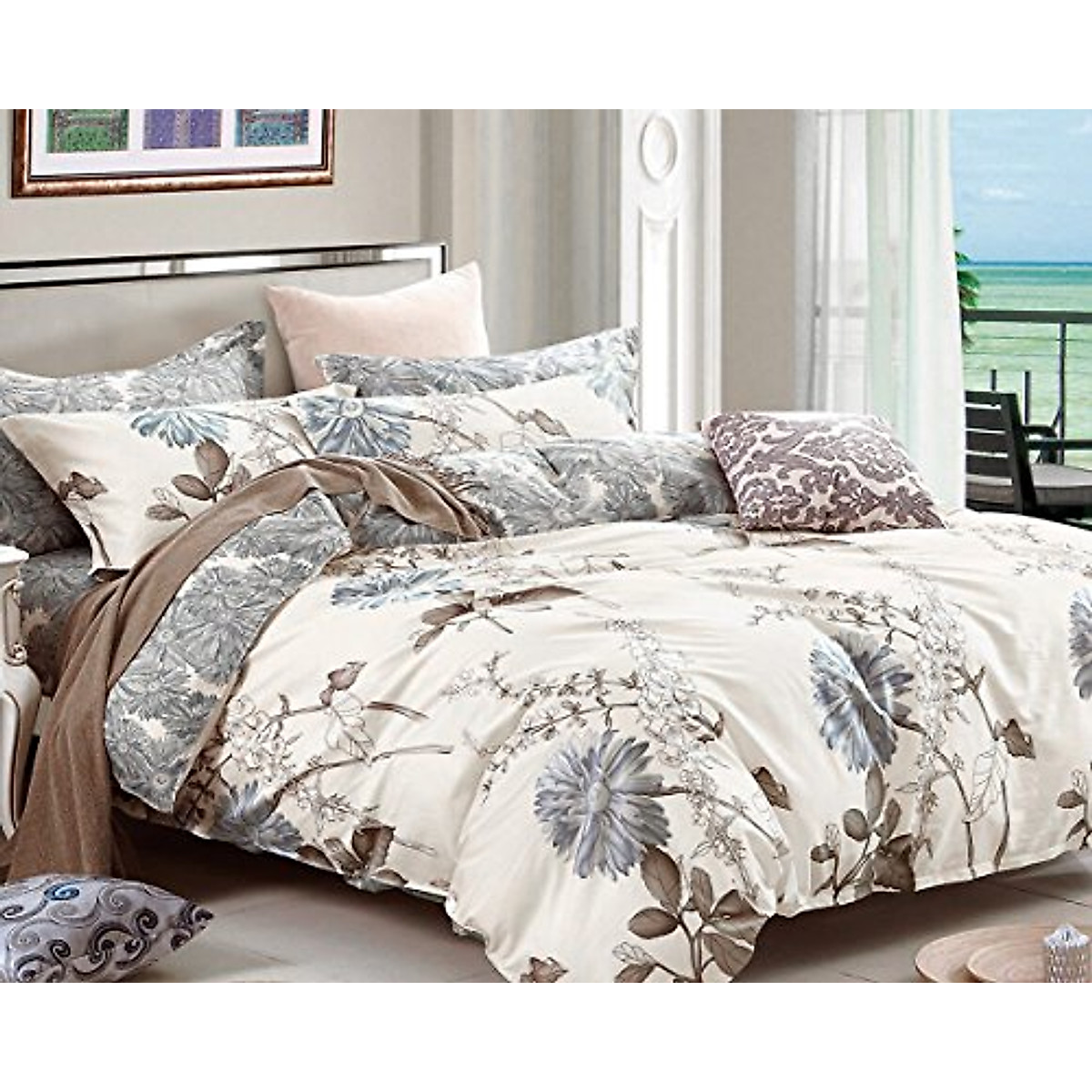 Swanson Beddings Daisy Silhouette Reversible Floral Print 3-Piece 100% Cotton Bedding Set: Duvet Cover and Two Pillow Shams (King)