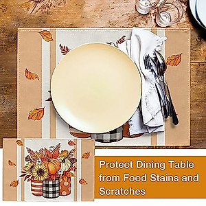 Seliem Fall Pumpkin Sunflower Placemats Set of 4, Autumn Leaves Flower Buffalo Plaid Mason Jar Farmhouse Dining Table Place Mats, Thanksgiving Seasonal Kitchen Decor Party Home Decoration 12x18 Inch