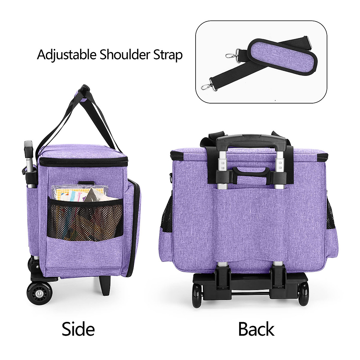 Yarwo Rolling Craft Bag on Wheels, Women Craft Scrapbook Tote Bag with Detachable Trolley and Extra Bottom Board for Teaching Crafts Supplies and Tools, Rolling Teacher Cart for Women, Purple