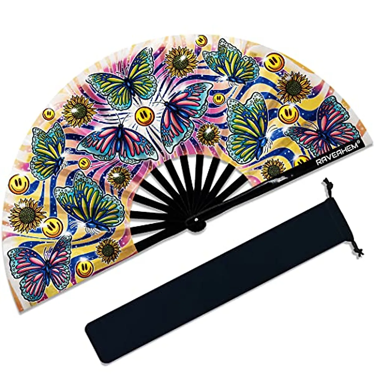 Raveahem UV Glow Rave Fan, Bamboo Folding Clack Hand Fan for Men Women (Butterfly, Large 13")