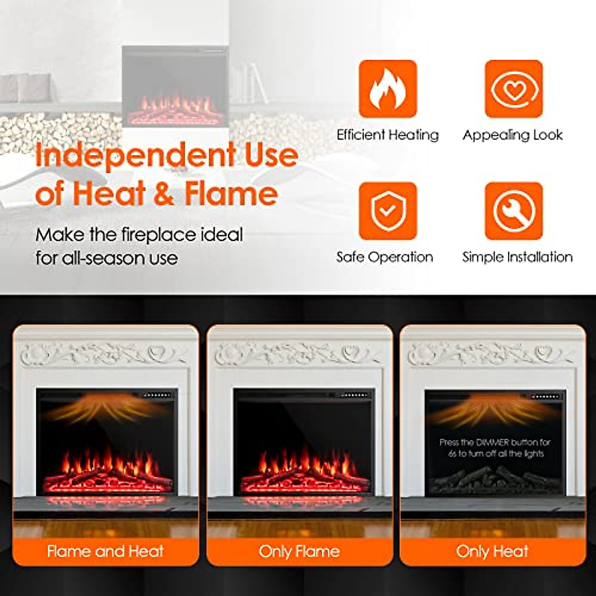 GOFLAME 34 Inch Electric Fireplace Insert, Freestanding & Recessed Ultra Thin Electric Fireplace with 5100 BTU Heat Output, 4 Flame Bed & Flame Colors, Remote Control, Overheat Protection, 750W/1500W