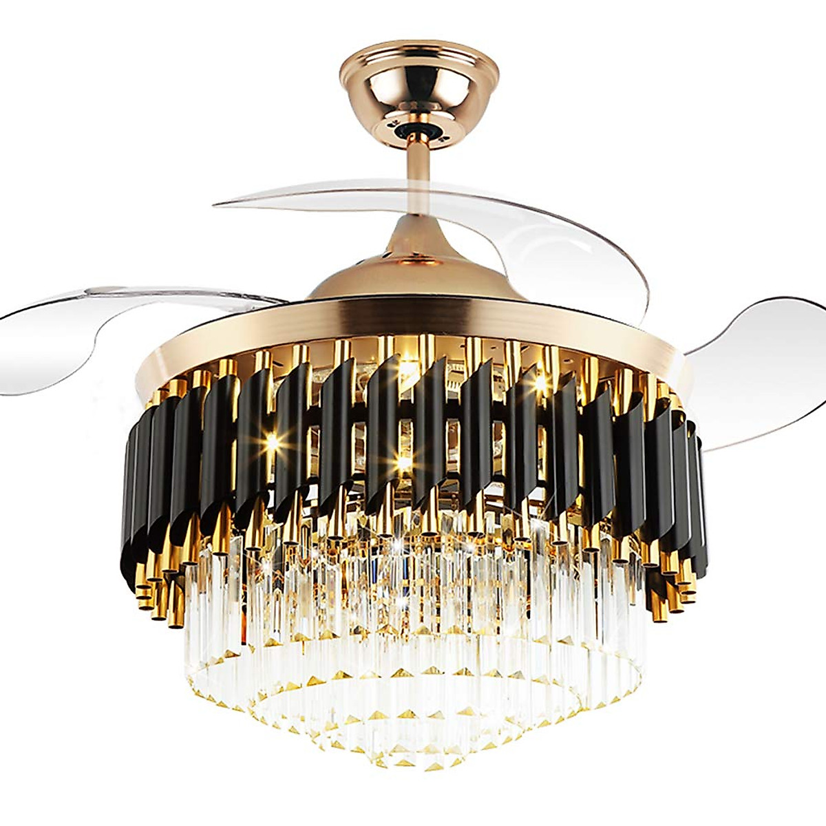 Fandian 42" Crystal Ceiling Fan with Light Remote Control Chandelier Retractable Fandelier, Luxury 3 Color Lighting for Dining Room, Living Room