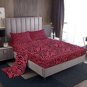 Girls Pink Black Fitted Sheet Zebra Stripes Bed Sheet Set Safari Animal Print Bedding Set for Boys Girls Kids Room Decor Zoo Animal Fur Print Lightweight Bed Cover Full Size 4Pcs Bedding Sheets