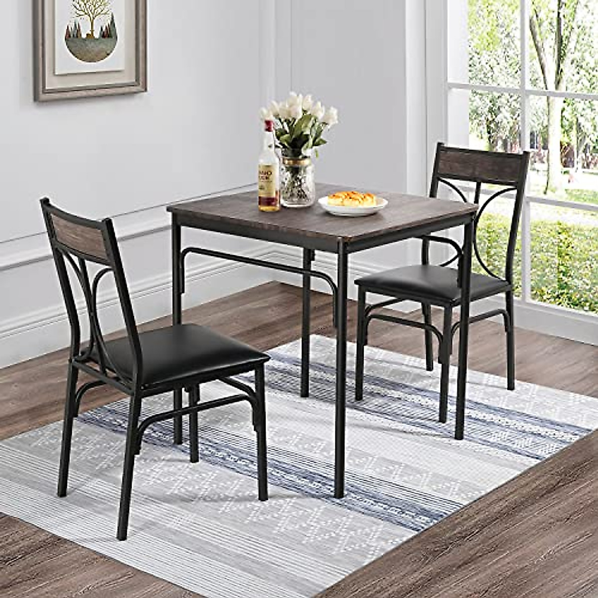 VECELO 3-Piece Dining Room Kitchen Table and Pu Cushion Chair Sets for Small Space, 2, Brown28 x 28 x 30 inches