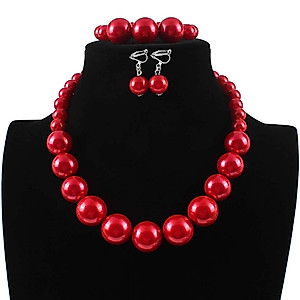 GRACE JUN Bridal Wedding Faux Pearl Statement Necklace and Clip on Earrings Bracelet Jewelry Sets Women Bib Choker Necklace (Red-Necklace+Bracelet+Clip Earrings)