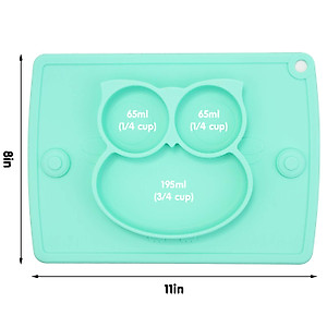 Silicone Divided Toddler Plates - Portable Non Slip Suction Plates Placemat for Children Babies and Kids BPA Free Baby Dinner Plate Bowl (Owl-Cyan)