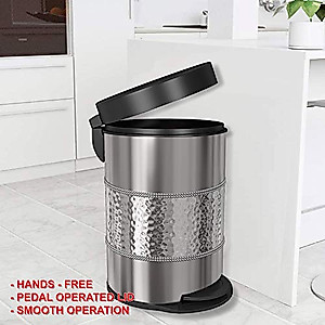 nu steel 5 Liter Round Small Metal Step Trash Can Wastebasket, Garbage Container Bin - for Bathroom, Powder Room, Bedroom, Kitchen, Office - Removable Liner Bucket - 8" X 8" X 12" – Shiny Steel
