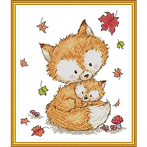 14 CT Cross Stitch Kits for Beginners Fox Mother Love Printed Stamped Cross-Stitch Supplies Needlework Printed Embroidery Kits DIY Kits Needlepoint Starter Kits 26×30cm