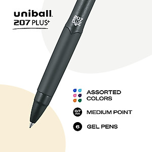 uni-ball 207 Plus+ Retractable Gel Pens 6 Pack in Assorted Colors with 0.7mm Medium Point Pen Tips - Uni-Super Ink+ is Smooth, Vibrant, and Protects Against Water, Fading, and Fraud