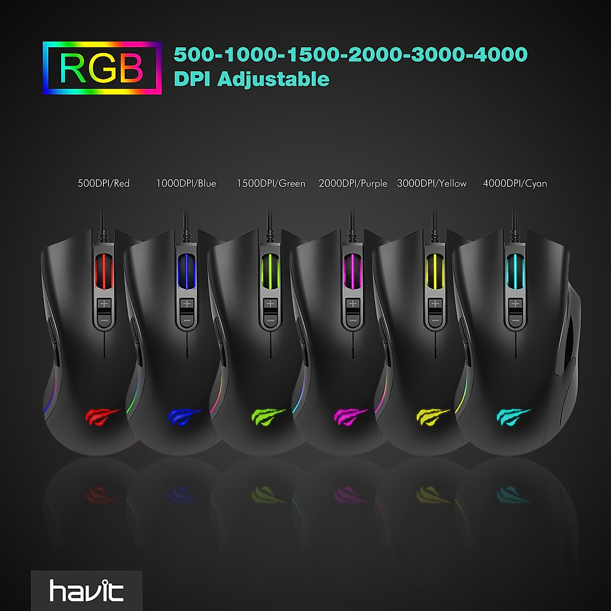 HAVIT Programmable Gaming Mouse 4000DPI 7 Buttons RGB Backlit Wired Optical for Laptop, PC & Computer, MS794 (Black)
