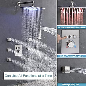 Enga Brushed Nickel Shower System with Body Spray Jets, Wall Mount 12 Inch LED Rain Shower Head Push Button Diverter Shower Fixtures, All Functions Can Run At Once