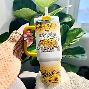 Women Yellow Stainless Coffee Momma Cups Black Butterfly Handle Glitter Steel Print For, Mama Bear Gifts, Tumbler 40 Oz With Handle Lid And Straw, Mama Bear Sunflower Leopard