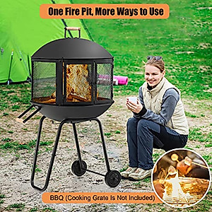 Tangkula Portable Fire Pit with Wheels, 28 Inch Wood Burning Fire Pit with Log Grate, Poker, Rolling Patio Fireplace Wooden Bonfire Firepit for Outdoor Entertaining Black