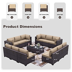 Delnavik Patio Furniture Set 14-Pieces Outdoor Furniture for Backyard Wicker Sectional Sofa Set, Rattan Patio Conversation Set with Thickened Cushions and Glass Coffee Table, Sand