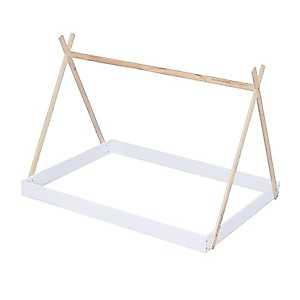 RORIGAT Full Size Tent Floor Bed with Triangle Structure,Wood Bed Frame for Girls and Boys,White+Natural