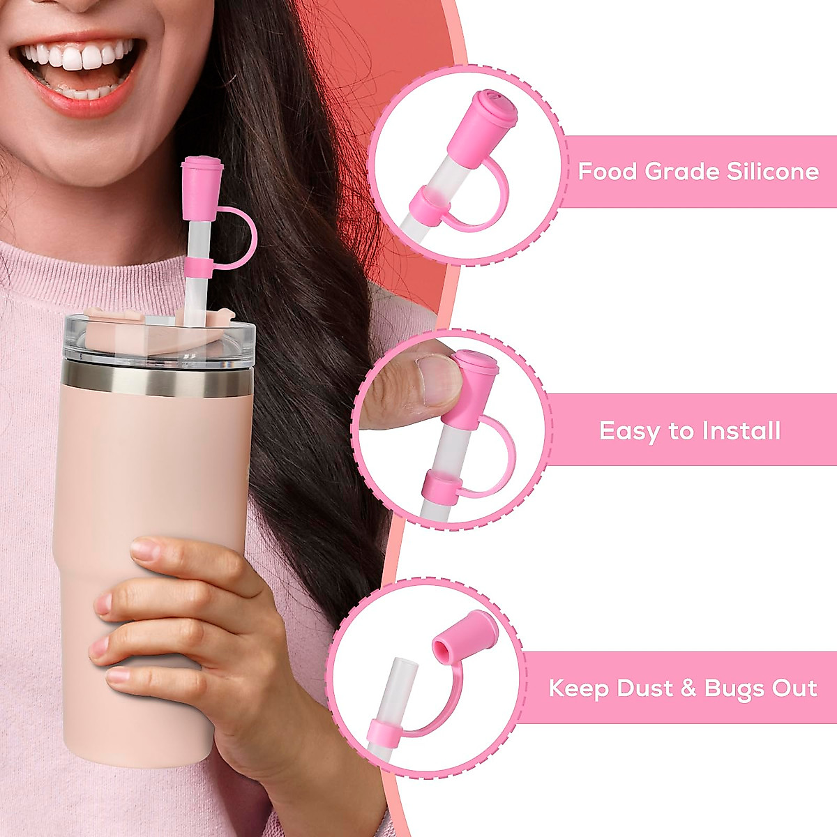 8 Straws with Cover Cap for Stanley Tumbler Replacement - Reusable Straw with Stopper Tips, Perfect for Stanley Cup with Handle H2.0, 14, 20, 30, 40oz Accessories (D_8 Clear Straws + 8 Tumbler Covers)