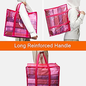 Vieshful 4 Pack Clear Clothes Storage Bag, 40L Zippered Closet Organizer, Plastic Storage Containers Moving bags for Comforter, Blanket, Bedding, Duvet, Toys, Pink