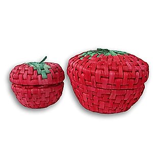 Strawberry Nesting Baskets - Red Soft Woven Berry Baskets with Lids - Set of 2, Red, Medium