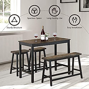 COSTWAY 4-Piece Solid Wood Dining Table Set, Counter Height Dining Furniture with One Bench and Two Saddle Stools, Industrial Style, Ideal for Home, Kitchen, Living Room (Gray & Brown)