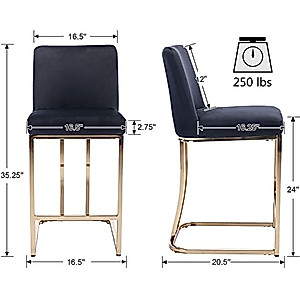 VESCASA 24" H Counter Height Barstools with Back, Mid Century Modern Velvet Upholstered Counter Stool Chairs with Gold Metal Frame for Kitchen Island, Bar, Pub, Set of 2, Black