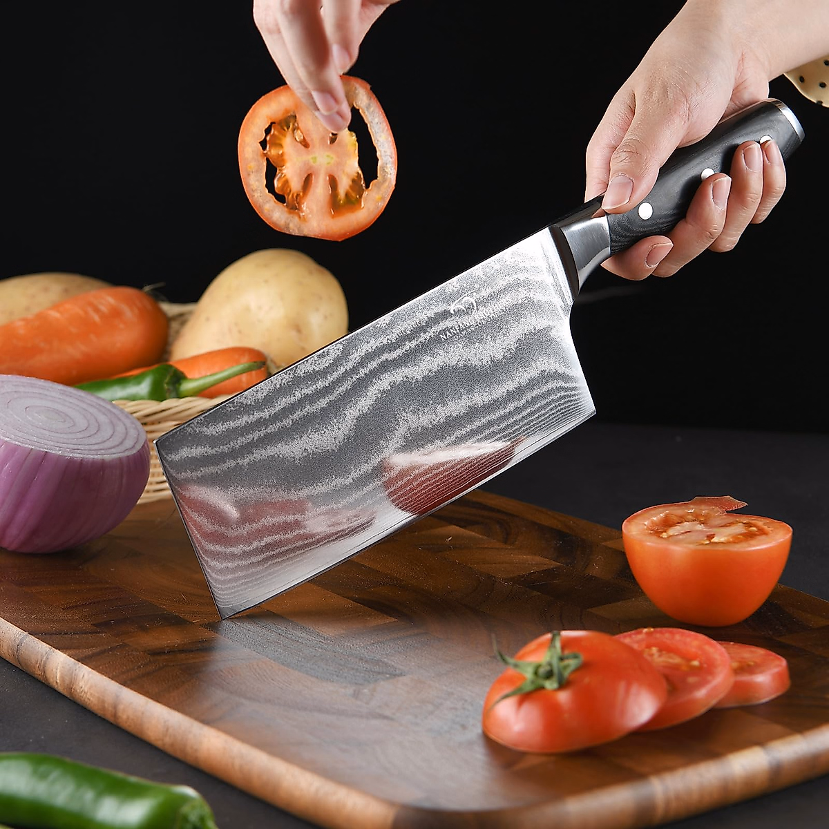 Damascus Cleaver Knife, 7 Inch Professional Kitchen Knife with Non-slip Micarta Wood Ergonomic Handle, All Purpose Chef Knife Meat Cleaver Vegetables Chopping, Razor Sharp Lightweight