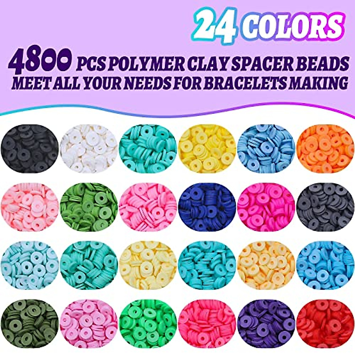 5310 Pcs Clay Beads 6mm 24 Colors Flat Round Polymer Clay Spacer Beads Heishi Beads Kit with 260 Pcs Letter Beads 240 Pcs Pendants and 4 Roll Elastic Strings for DIY Jewelry Making Bracelets Necklace
