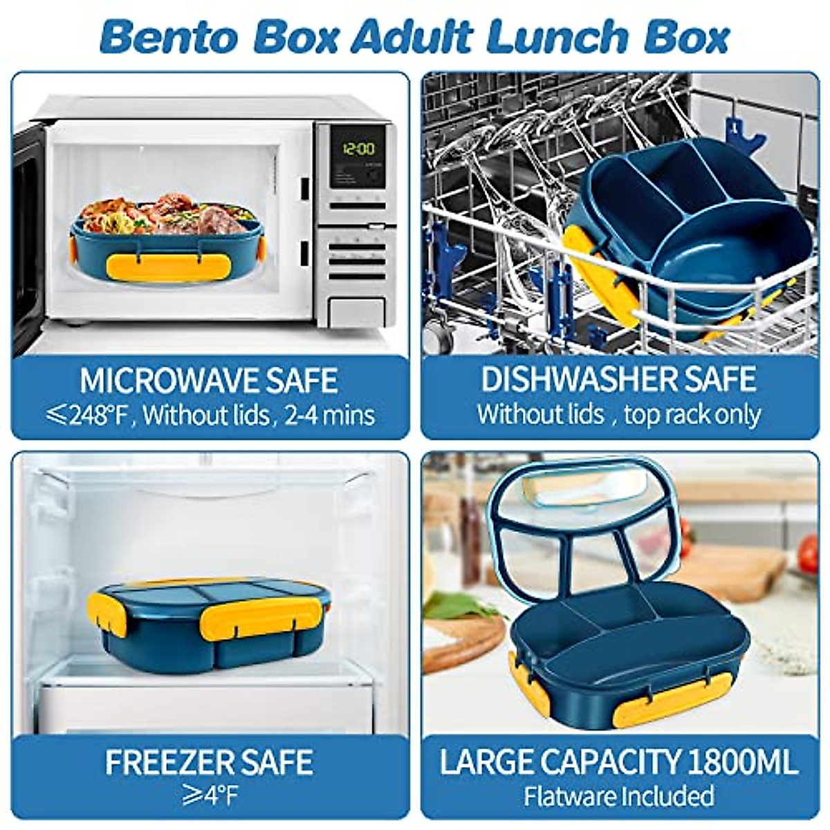 Tsmsv 1800ML Bento Box Adult Lunch Box,Adult Bento Box,Lunch Box Containers,Lunch Containers for Adults,Bento Boxes,Bento Lunch Box for Adults,Bento Box Accessories with Fork,Cake Cups,Sauce Cup-Blue