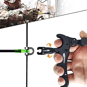 xxiaojun Compound Bow Aid Releaser and D Loop Rope，Adjustable Can Rotate 360° Thumb Release Bow Aluminum Alloy Aids，Archery Release Aids (4 Fingers-Bow Release -Black)